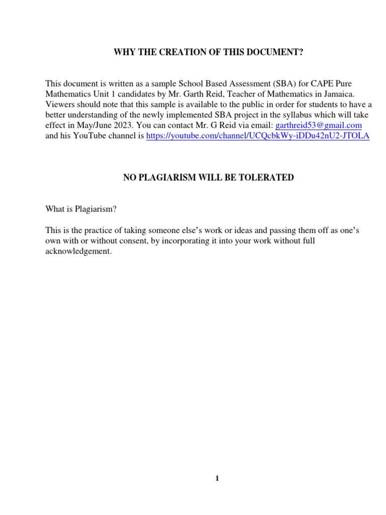 CAPE Pure Math Unit 1 SBA Sample | PDF | Area | Volume