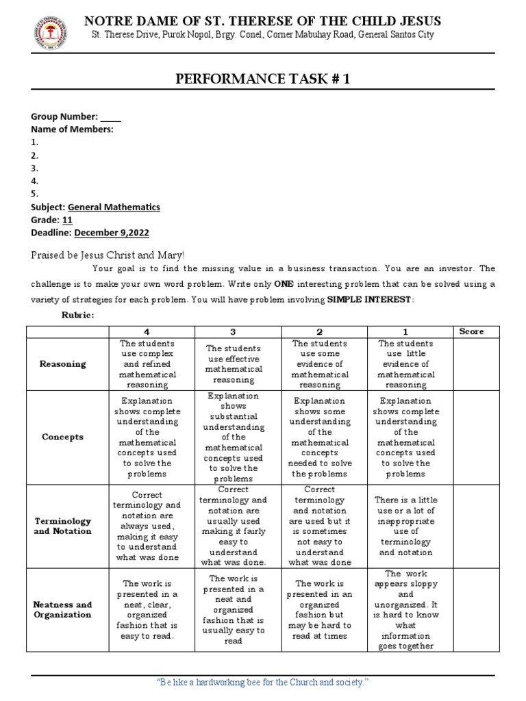Grade 11 Math Performance Tasks | PDF | Mathematics | Reason