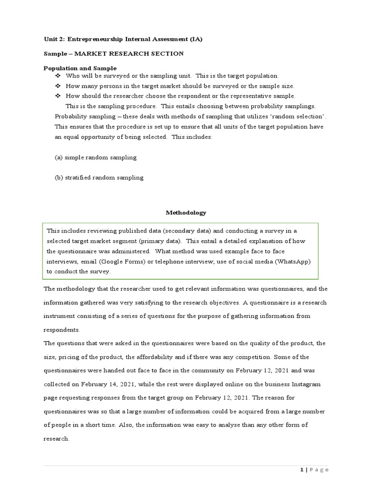 Sample of Market Research For Unit 2 Entrepreneurship IA With ...