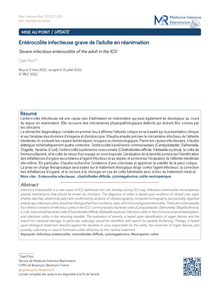 Entérocolite Infectieuse Grave de L'adulte en Réanimation | PDF ...