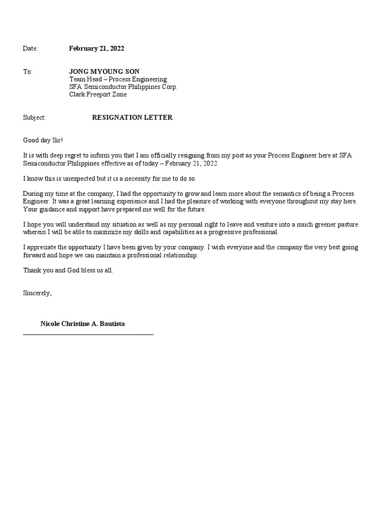 Resignation Letter for Greener Pastures | PDF | Business | Finance ...