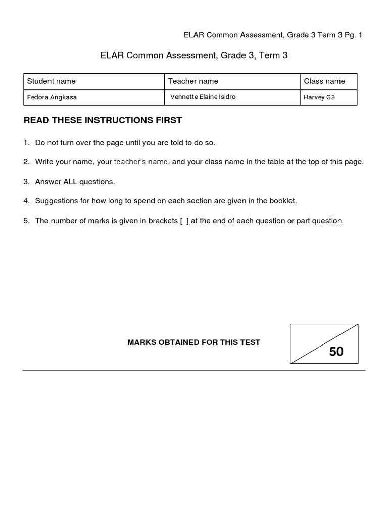 ELAR Class Test | PDF | Linguistics