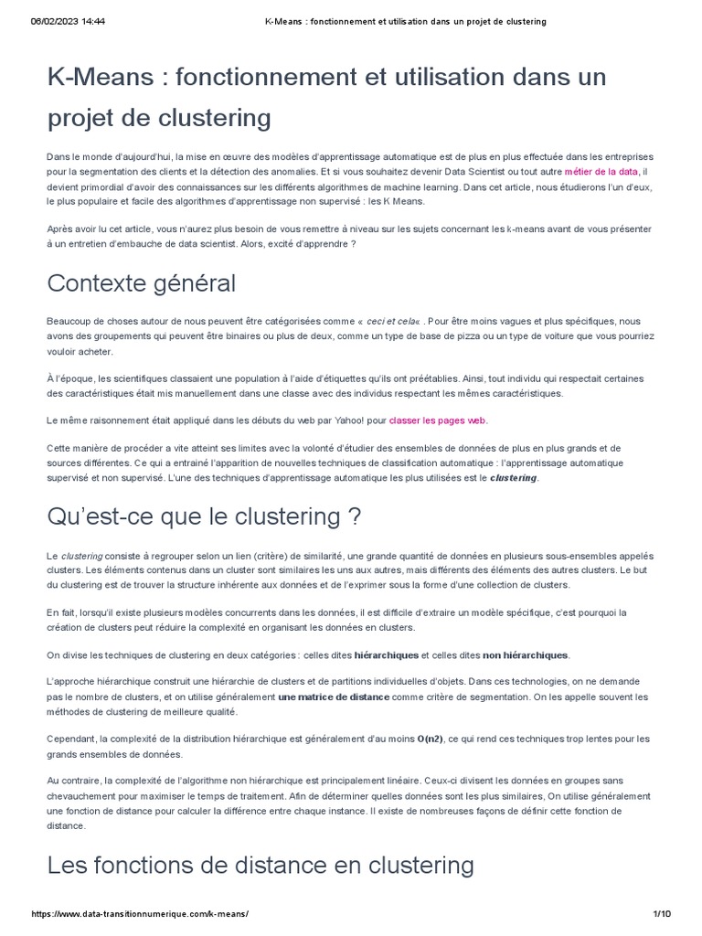 K Means Fonctionnement Et Utilisation Dans Un Projet De Clustering Pdf Pdf Partitionnement