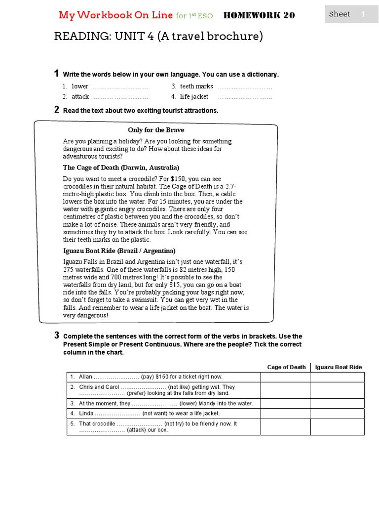 Homework Assignment on Travel Brochure Reading Comprehension | PDF