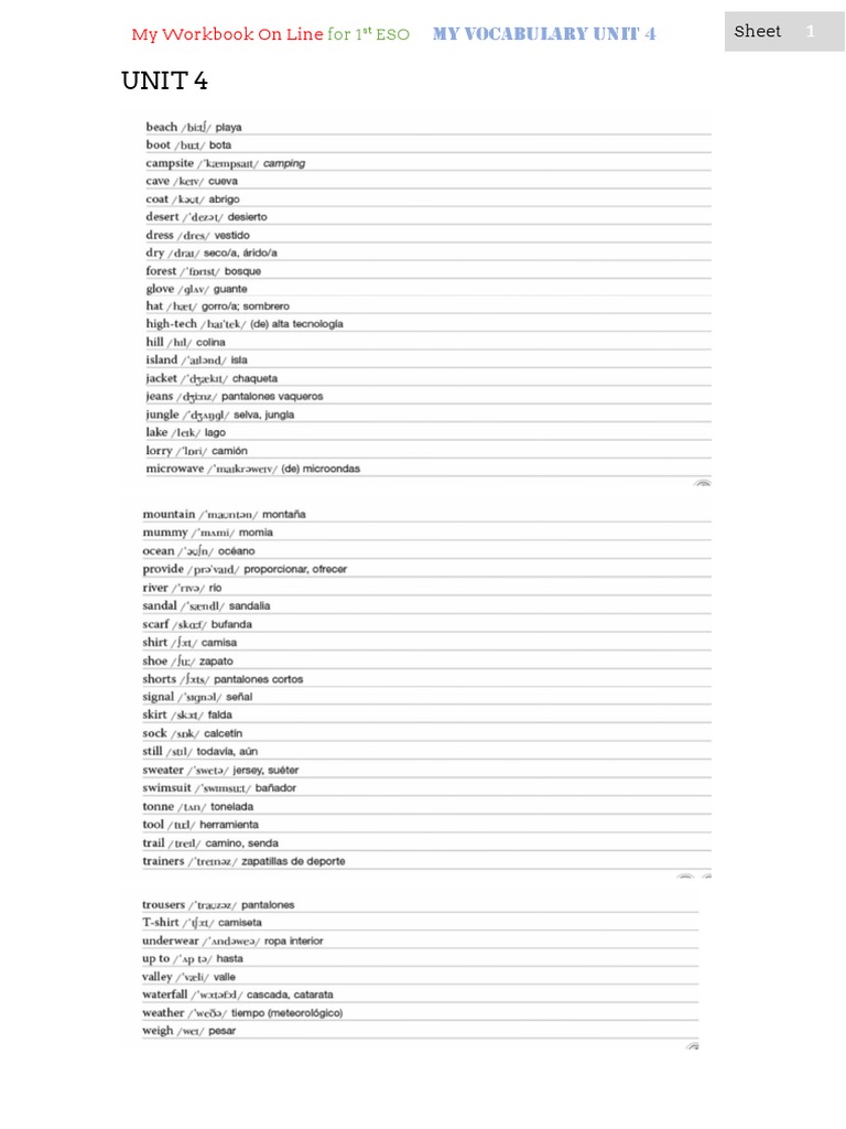 1 ESO Unit 4 Vocabulary | PDF