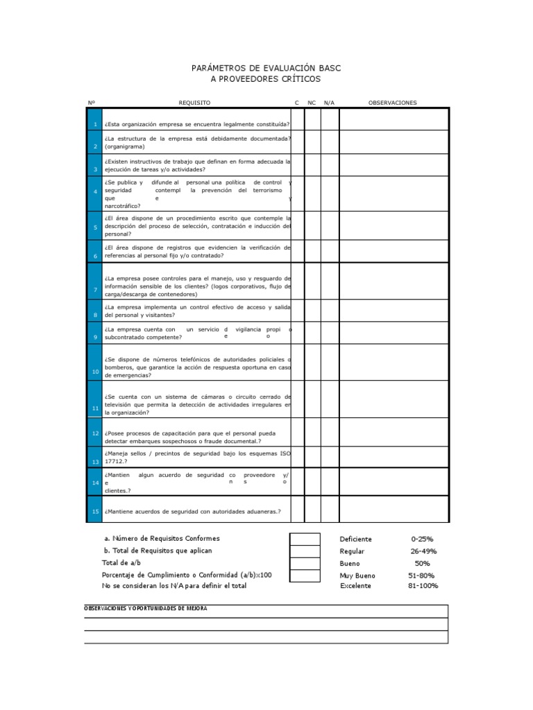 Parámetros de Evaluación BASC A Proveedores Críticos | PDF | Outsourcing | Informática