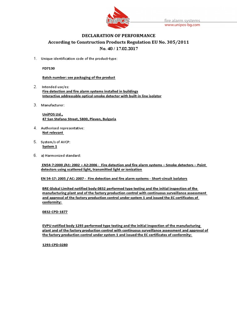 Declaration of Performance for UniPOS FD7130 Interactive Addressable ...