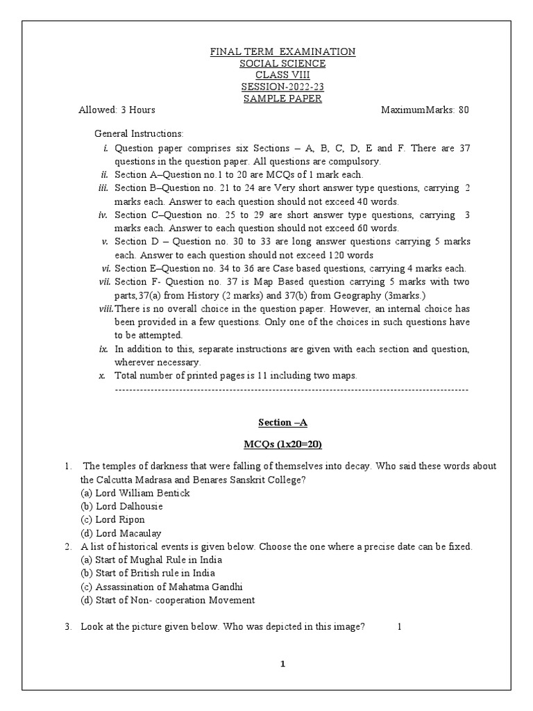 Final Term Examination - Sample Paper Viii 2022-23 | PDF | British Raj