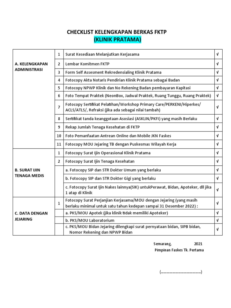 Checklist Kelengkapan Berkas FKTP Klinik Pratama | PDF