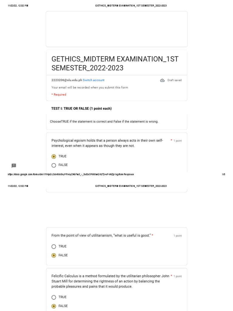 GETHICS - MIDTERM EXAMINATION - 1ST SEMESTER - 2022-2023 1st Part | PDF | Utilitarianism | Pleasure