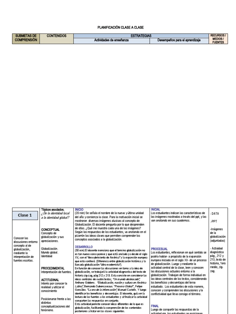 Planificación Clase A Clase | PDF | Globalización | Aprendizaje
