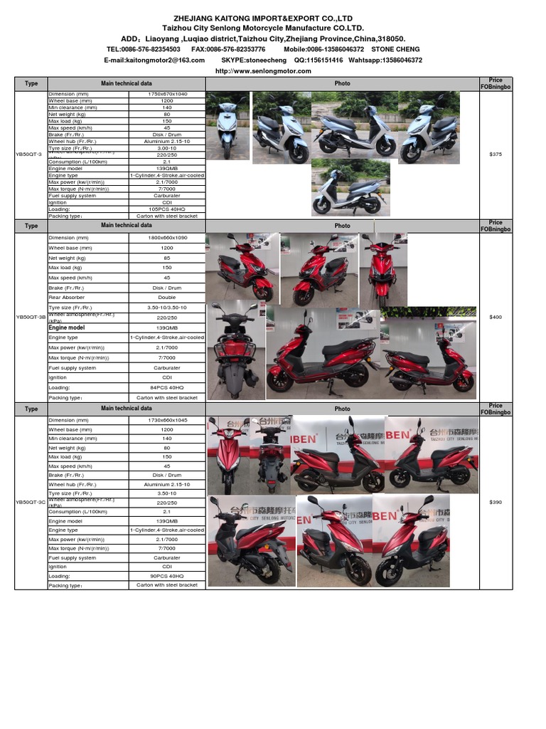 Yiben YB50QT 50cc Scooter Specifications | PDF | Engines | Fuel Economy ...