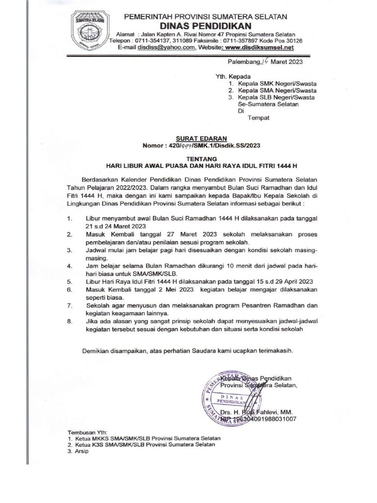 Surat Edaran Hari Libur Awal Puasa Dan Hari Raya Idul Fitri 1444H | PDF