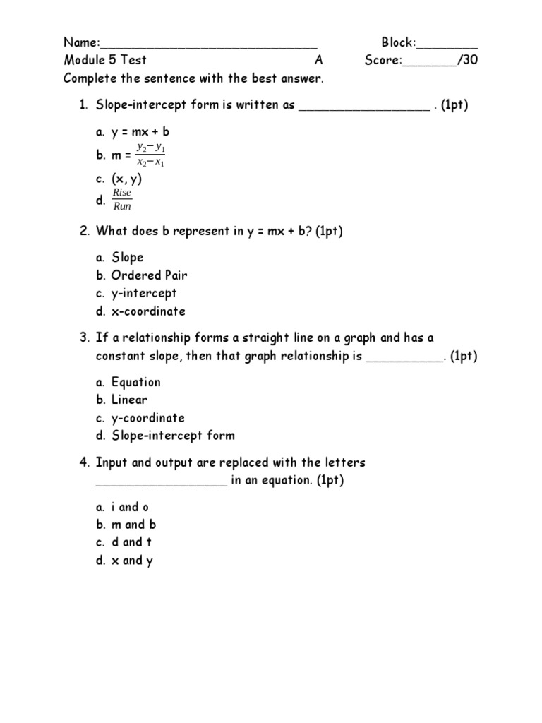Slope-Intercept Form Test Review | PDF | Equations | Algebra