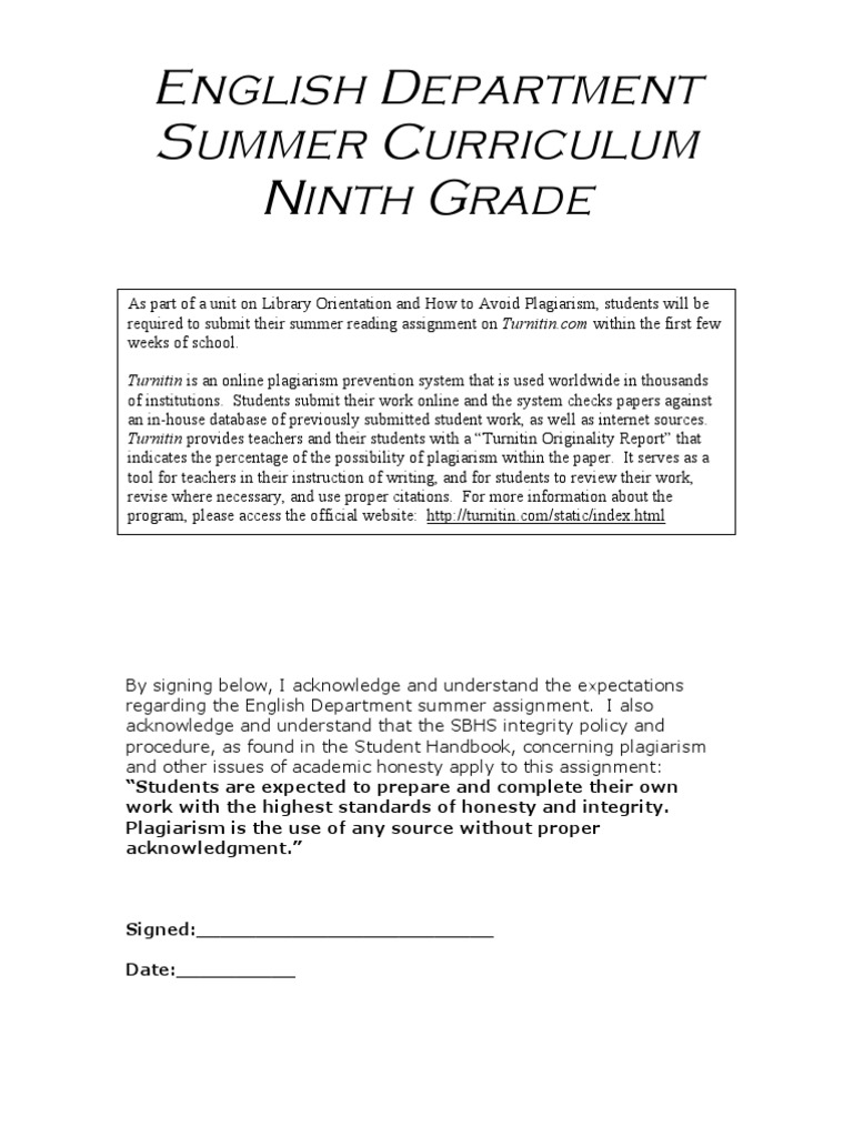 Ninth Grade English Summer Curriculum | PDF | Turnitin | Essays