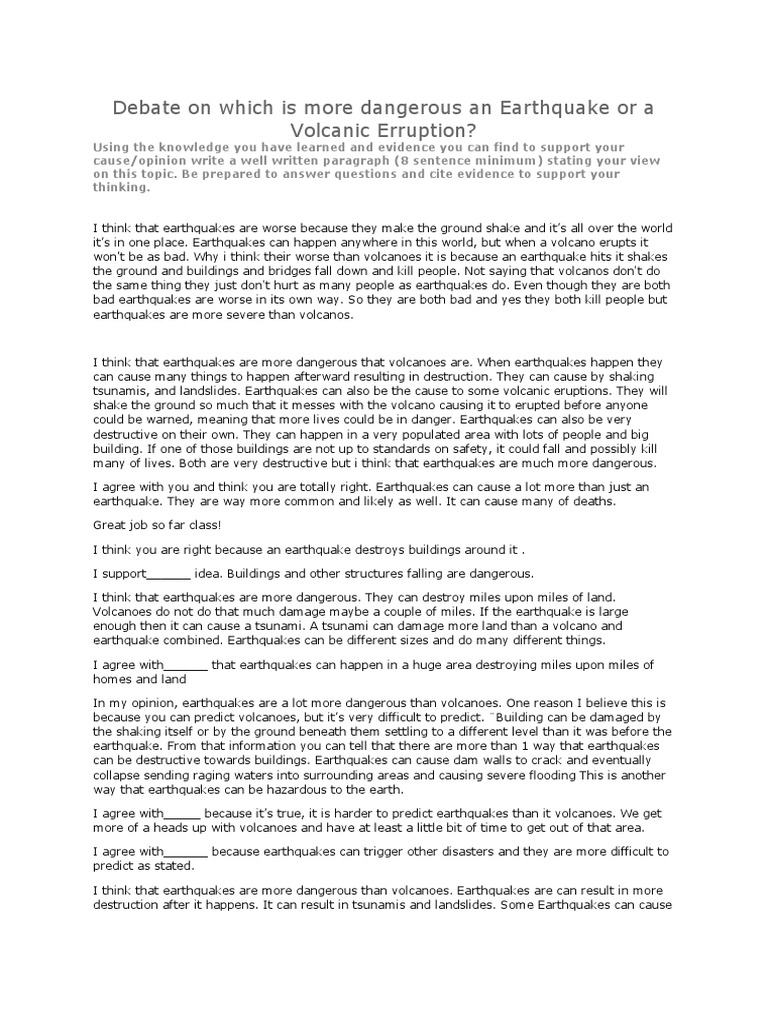 Debate On Which Is More Dangerous An Earthquake or A Volcano | PDF ...