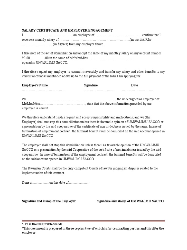 Certificate of Salary and Employer Engagement 1 | PDF