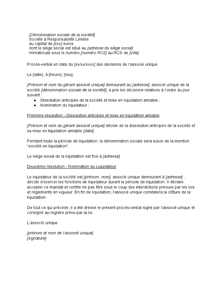 Modele PV Dissolution Eurl | PDF | Droit