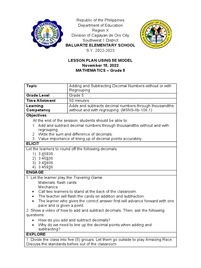 Lesson Plan in Math 5 Using 5E | PDF | Subtraction | Behavior Modification