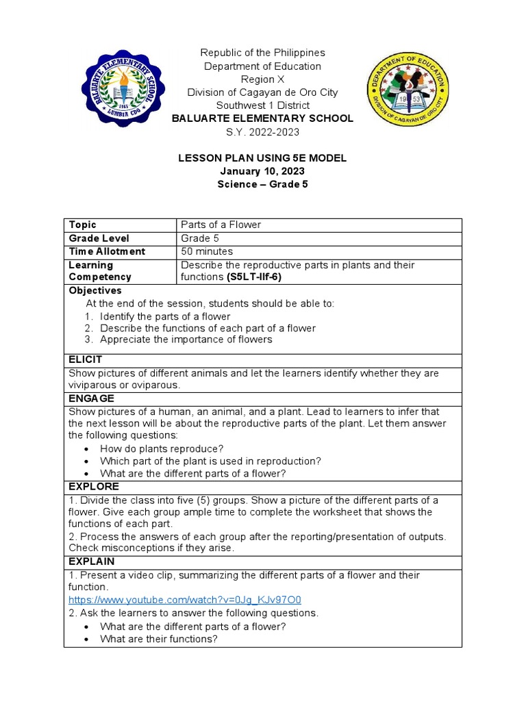 Lesson Plan in Science 5 Using 5E-Flower | PDF