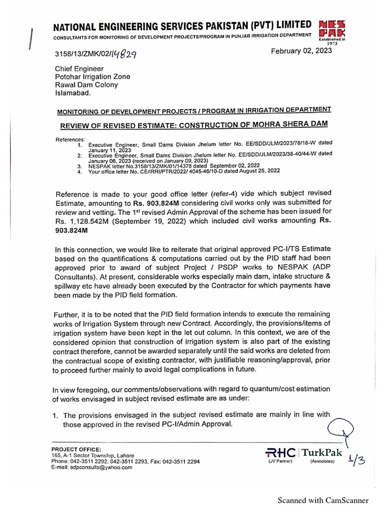 Letter No 14829 (Rev. of Revised Est. Mohra Shera Dam) PDF | PDF