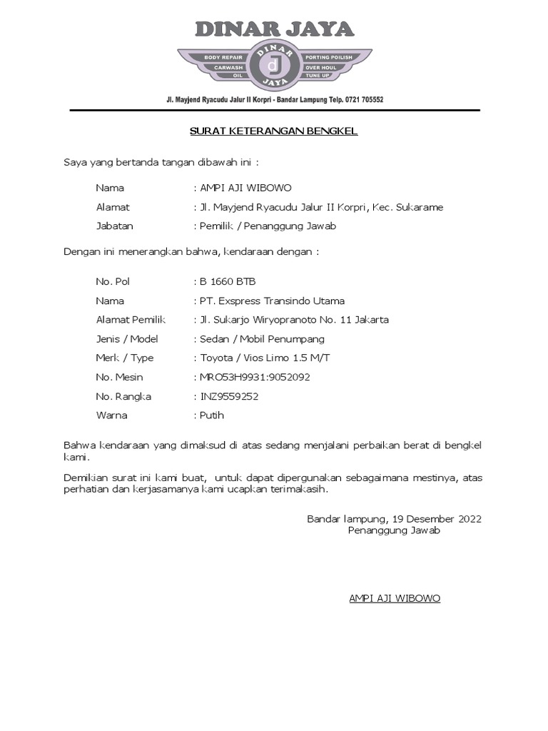 Surat Keterangan Bengkel | PDF
