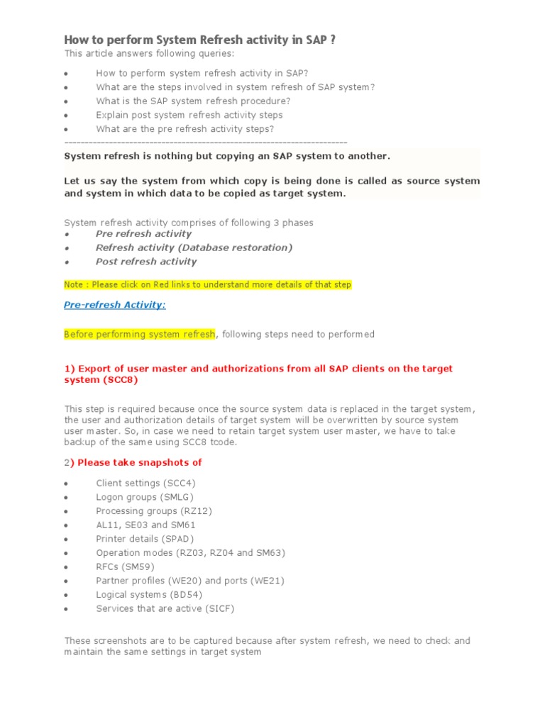 How To Perform System Refresh Activity in SAP | PDF | Database Transaction | Databases