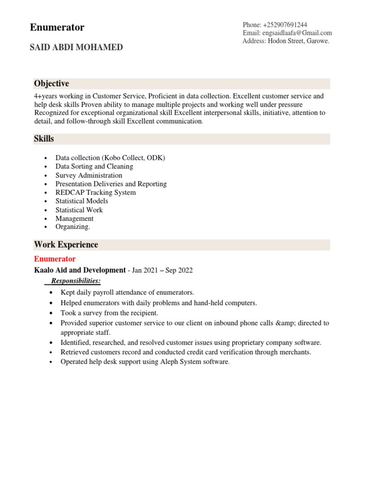 Resume of Said Abdi Mohamed, Enumerator and Civil Engineer | PDF ...