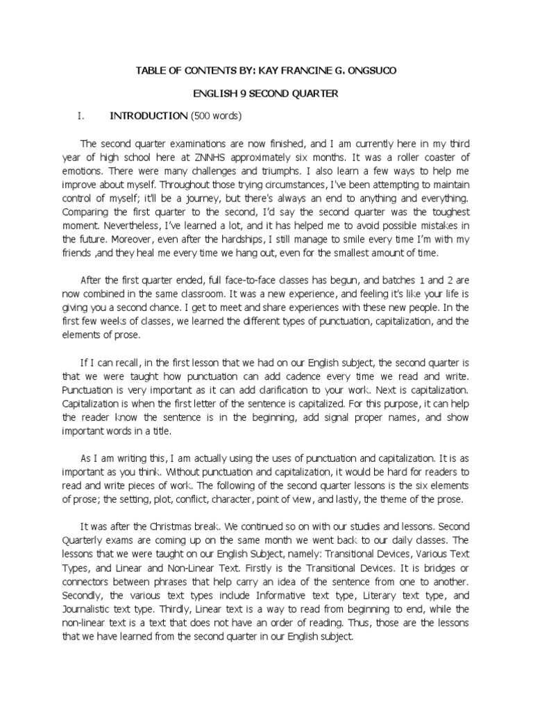 TABLE OF CONTENTS Quarter 2 English | PDF | English Language | Punctuation