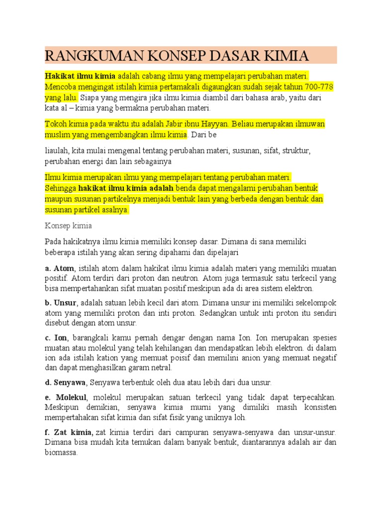 Rangkuman Konsep Dasar Kimia | PDF