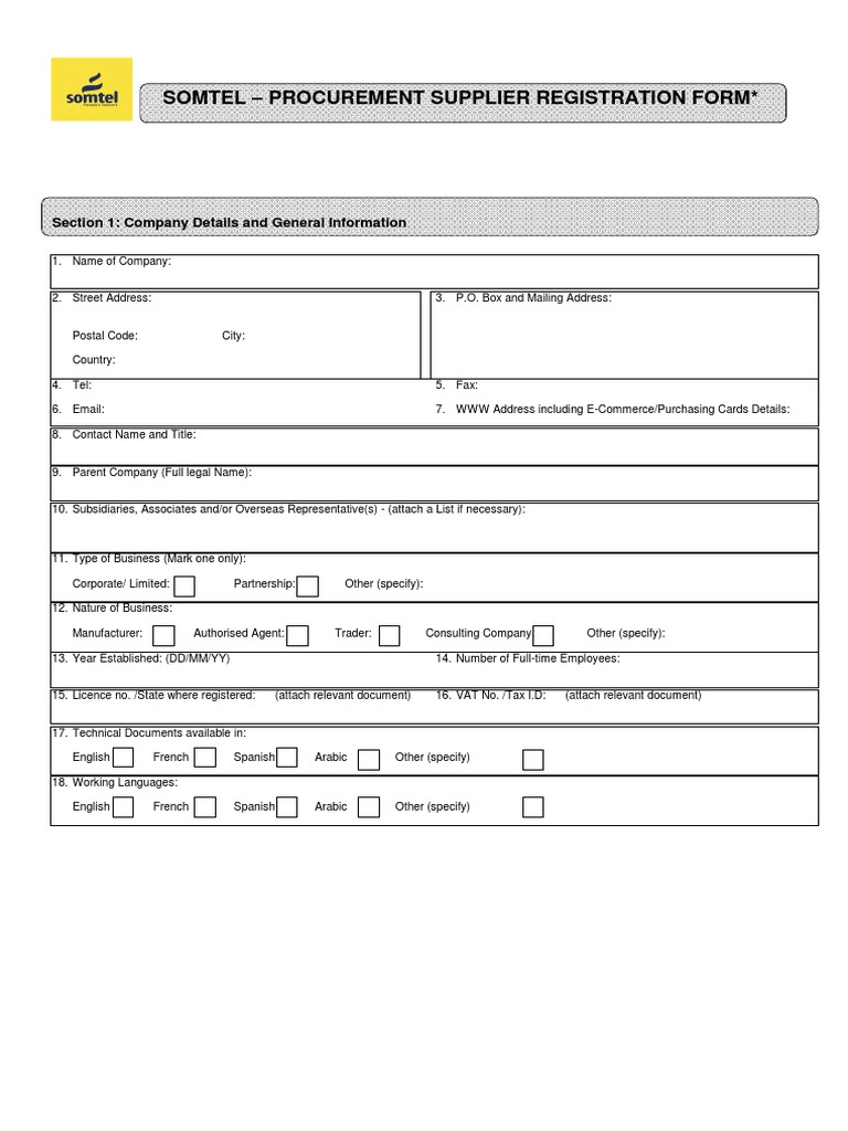 Supplier Registration Form for SOMTEL | PDF