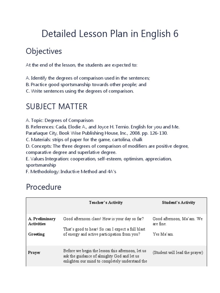 Detailed Lesson Plan in English 6 Using 4s | PDF | Adjective | Cognition