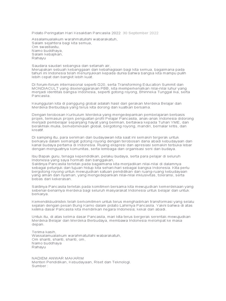 Pidato Peringatan Hari Kesaktian Pancasila 2022 | PDF