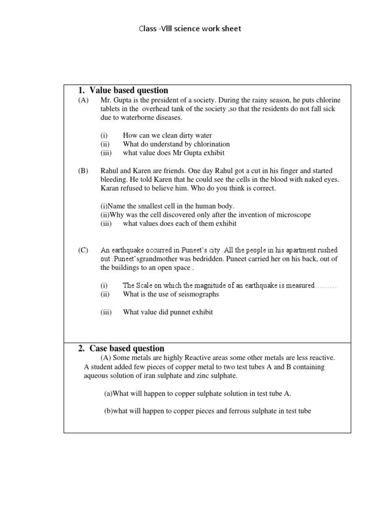 Class VLLL Science Work Sheet 1 | PDF | Metals | Copper
