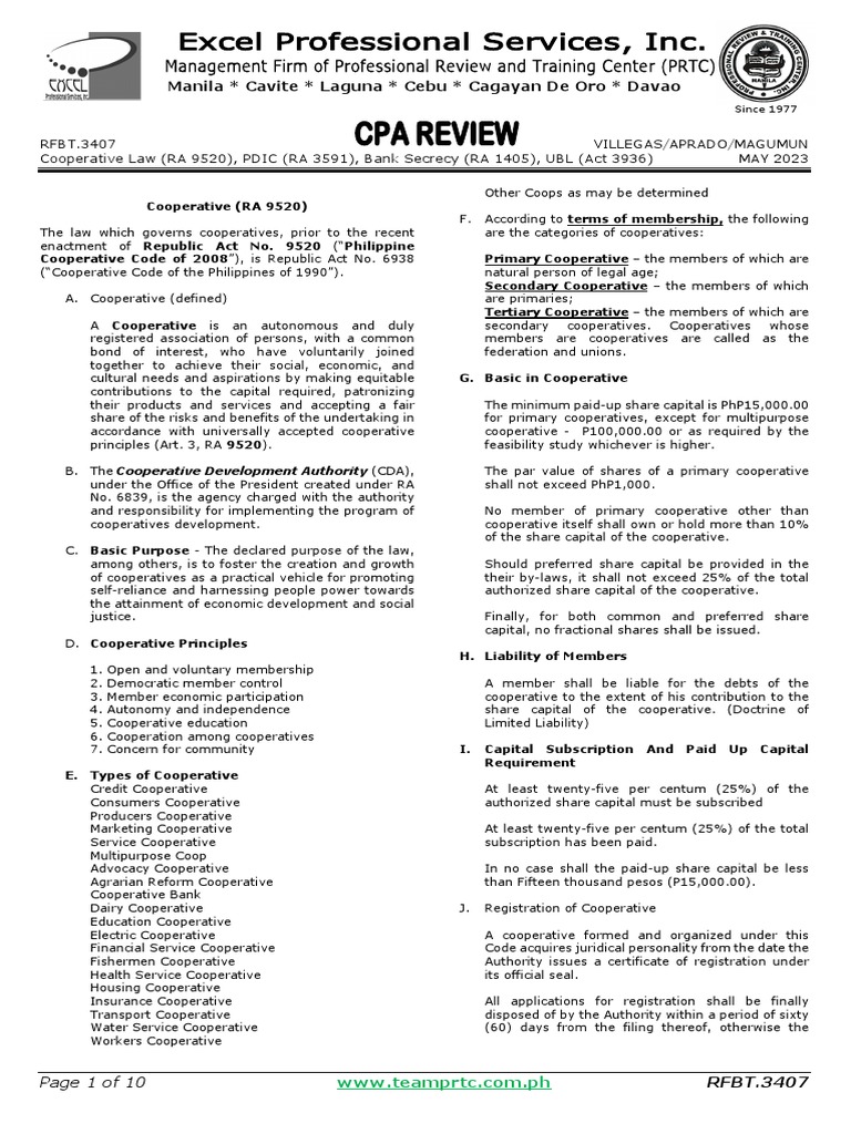 RFBT.3407 Cooperatives PDIC and Bank Secrecy PDF | PDF