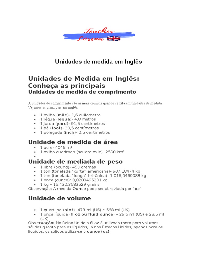 Unidades de Medida em Ingles PDF | PDF | Bem-estar