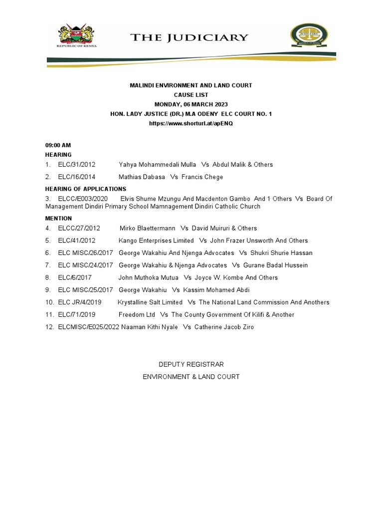 Malindi - ELC - Causelist - Final - 6th-9th - March - 2023 2 | PDF