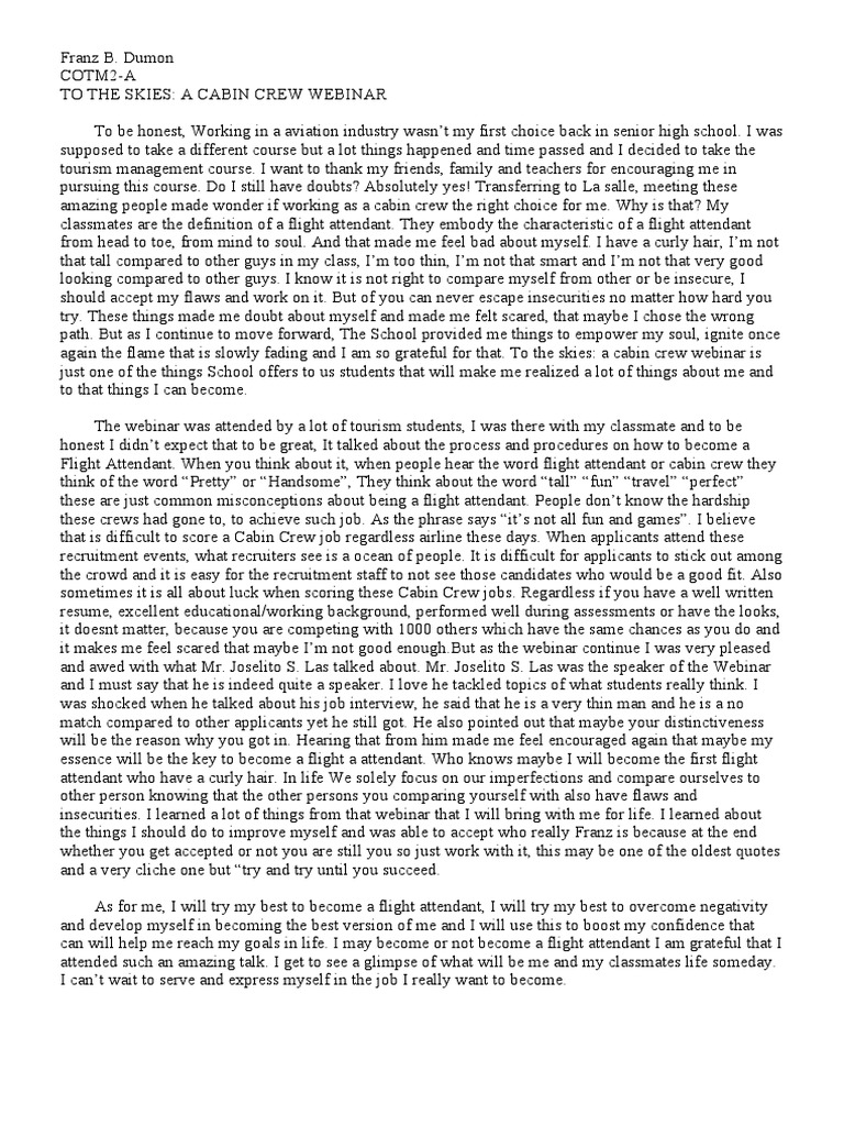 Reflection Paper | PDF | Flight Attendant | Recruitment