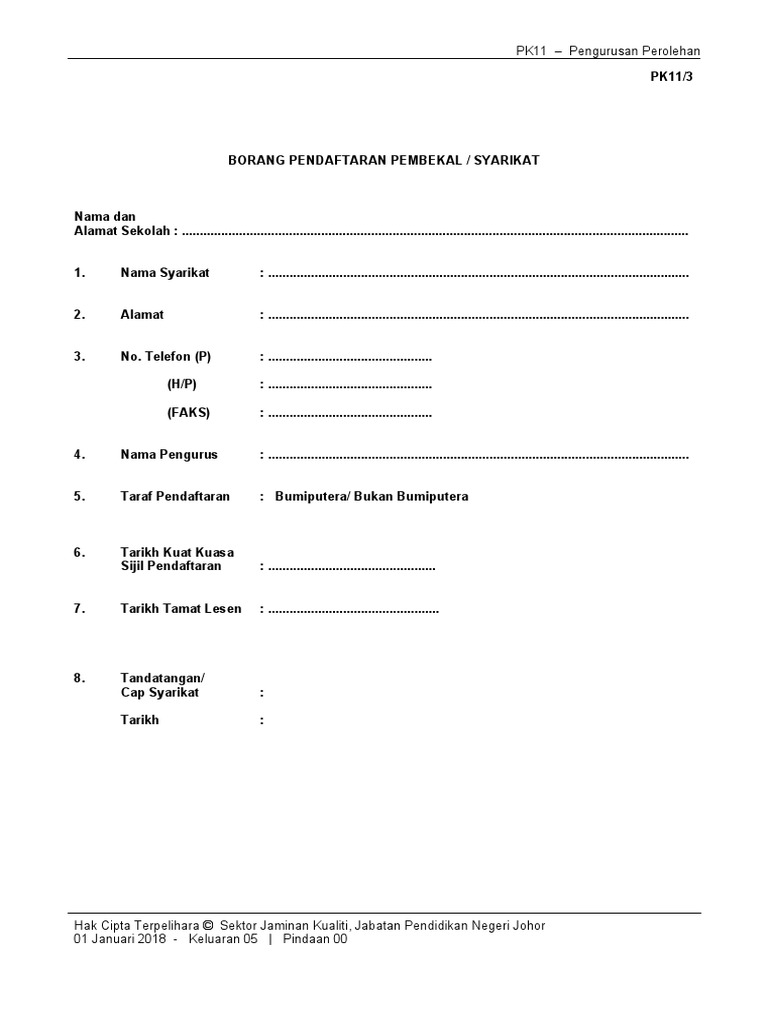PK11 3 Borang Pendaftaran Pembekalsyarikat Sekolah Kebangsaan Negeri ...