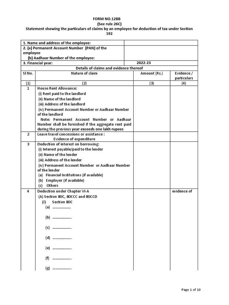 SSS - Employee - Investment - Declaration - Form12BB - FY 2022-23 | PDF ...