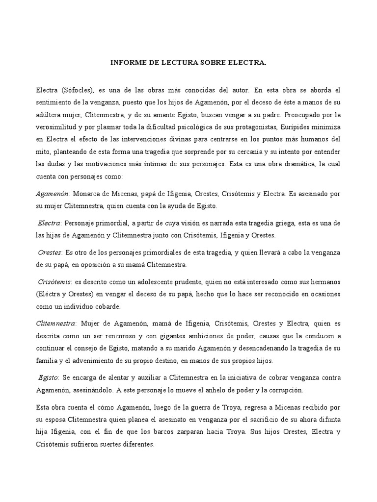 La venganza y sus consecuencias en la tragedia Electra de Sófocles | PDF