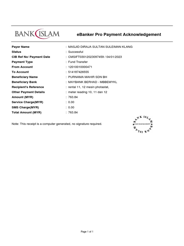 Ebanker Pro Payment Acknowledgement: Page 1 of 1 | PDF