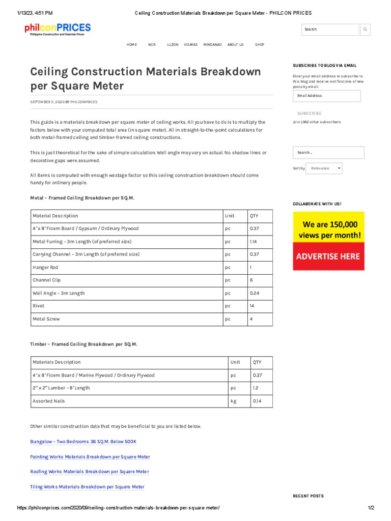 Ceiling Construction Materials Breakdown Per Square Meter - PHILCON ...