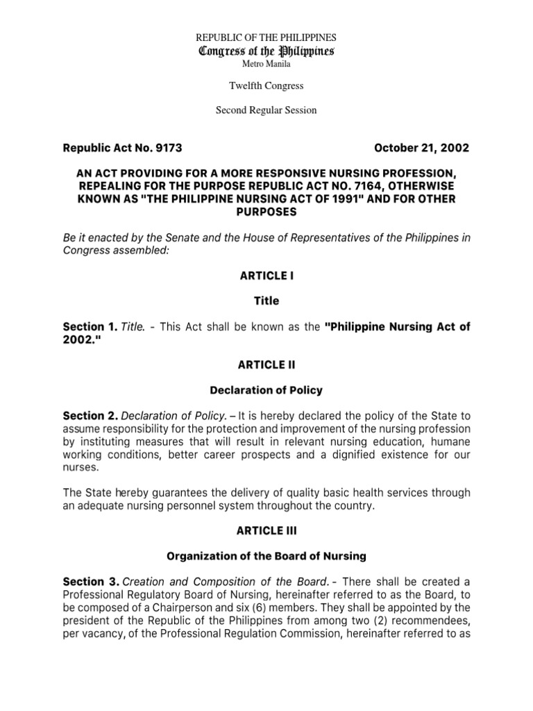 RA 9173 Philippine Nursing Act of 2002 | PDF
