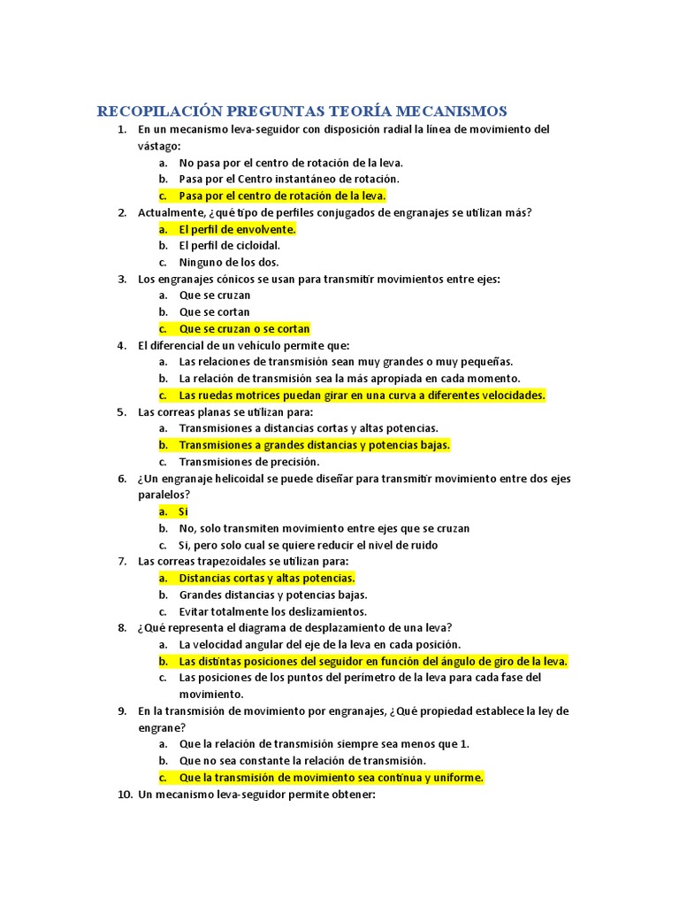 Recopilación Preguntas Teoría Mecanismos | PDF | Engranaje | Eje