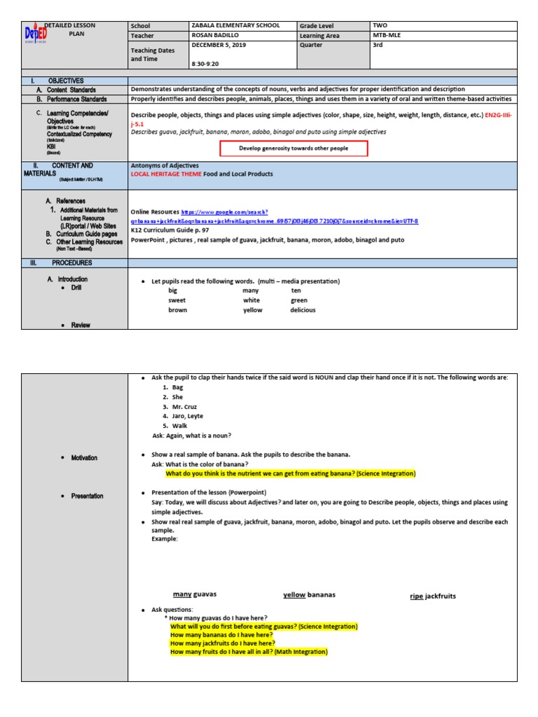 Adjective Lesson Plan for Grade Two | PDF | Adjective | Cognitive Science