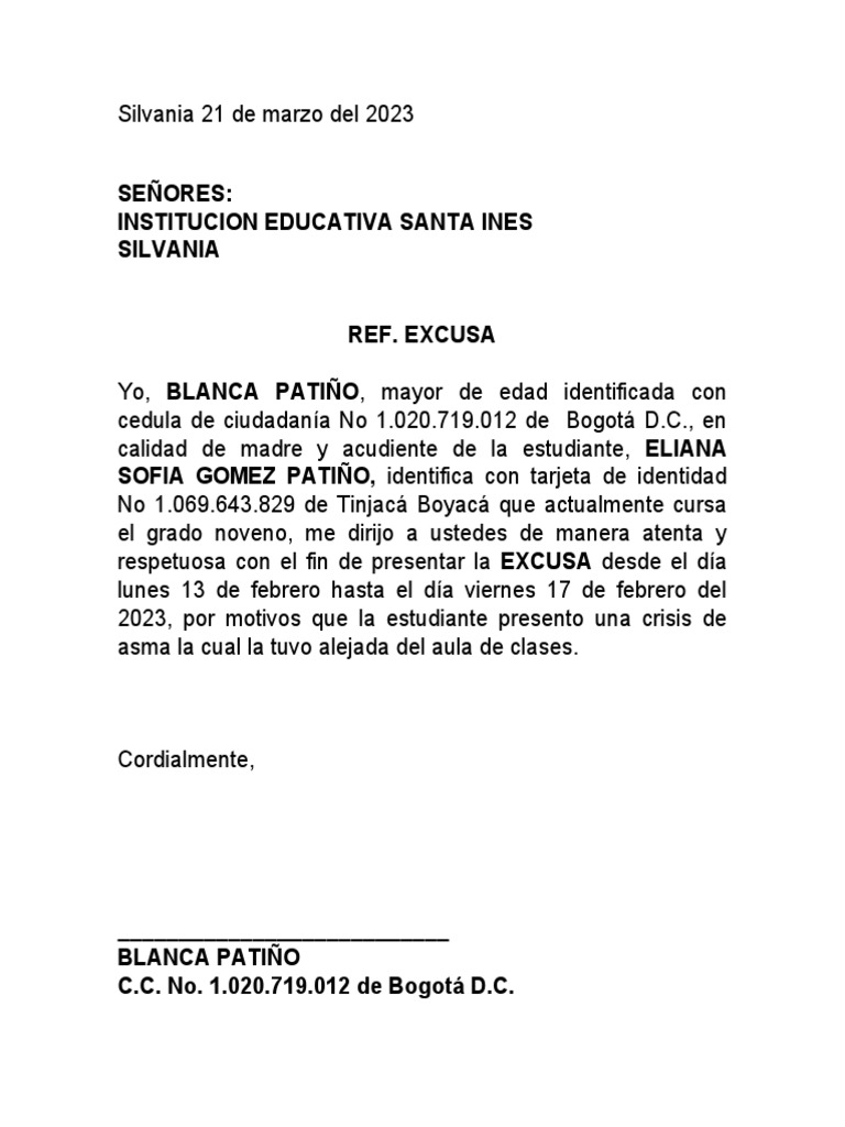 Excusa Colegio 2 | PDF