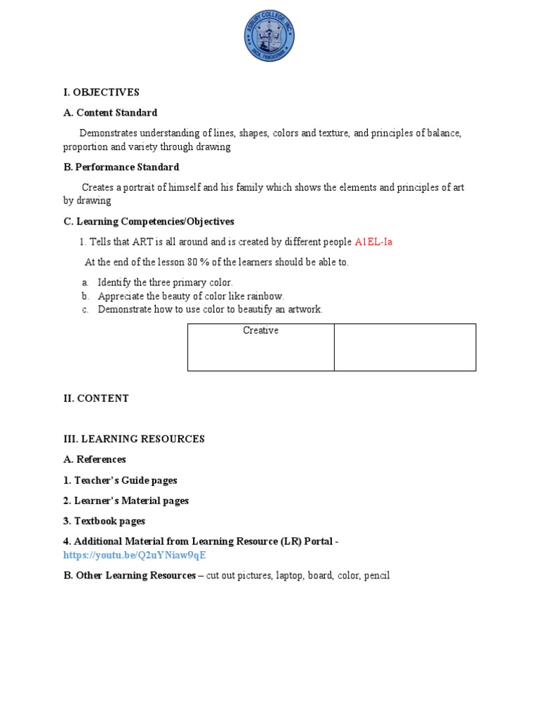 Detailed Lesson Plan in Arts - SMTC | PDF | Color | Teachers