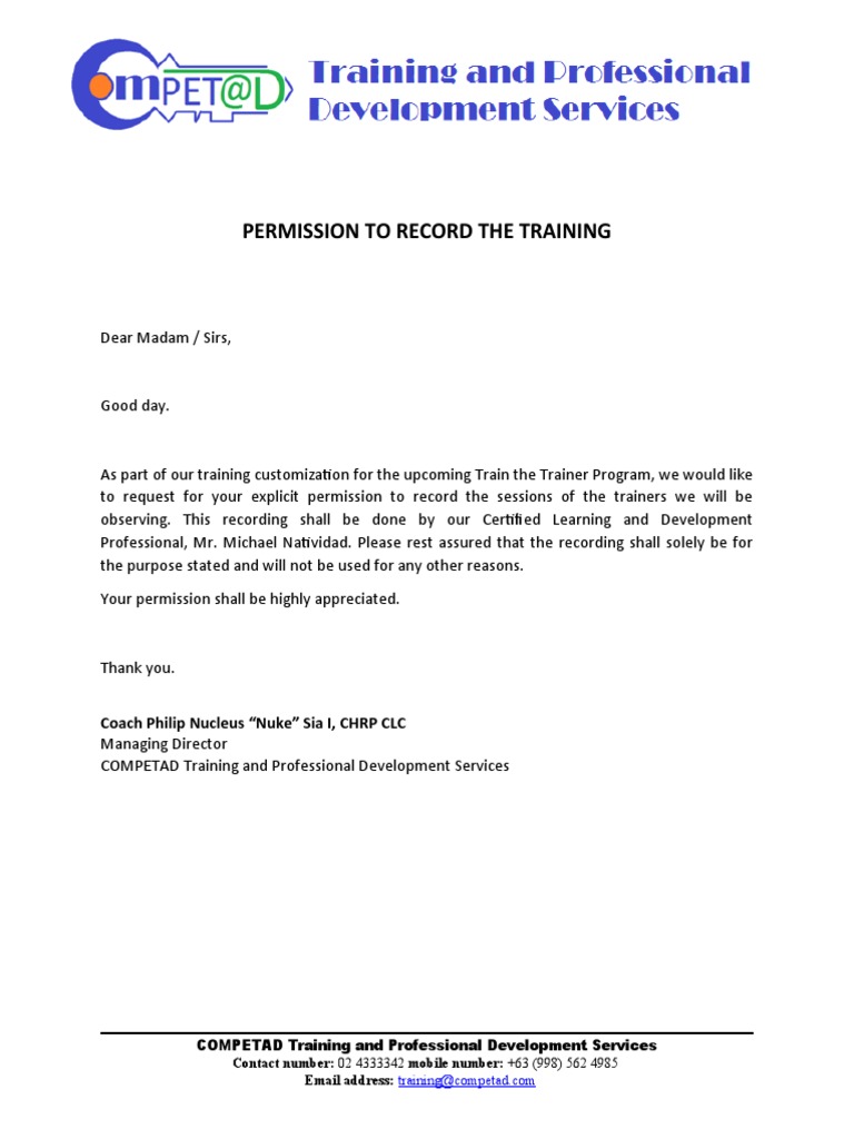 Permission Request to Record Training Sessions | PDF | Business