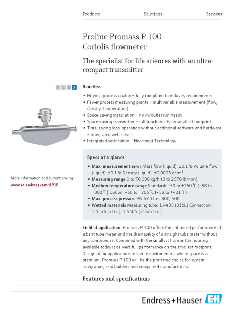 Proline Promass P 100 Coriolis Flowmeter: An Ultra-Compact Flow and ...